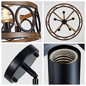 XINGQI Dining Room Chandelier Over Table, Modern Farmhouse Chandelier, 21.7'' Drum Rustic Pendant Light Fixture for Living Room, Round Metal Shade with Black+Wood Grain Finish, 5 Lights