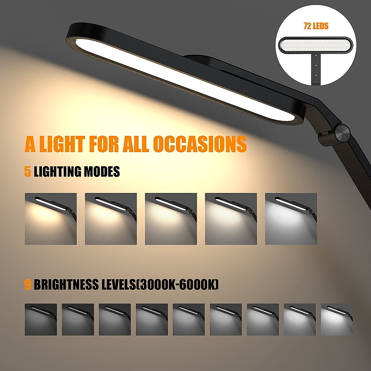 JKSWT LED Desk Lamp, Eye-Caring Table Lamps with 72 LED, 9 Brightness Levels, 5 Color Modes, USB Charging Port,Touch Control and Memory Function, 10W Reading Lamps for Home Office, Black