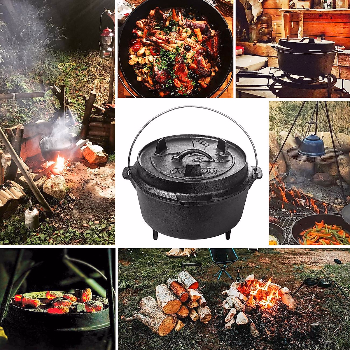 Overmont Camp Dutch Oven Pre Seasoned Cast Iron Lid Also a Skillet Casserole Pot with Lid Lifter for Camping Cooking BBQ Baking 6QT(Pot+Lid)