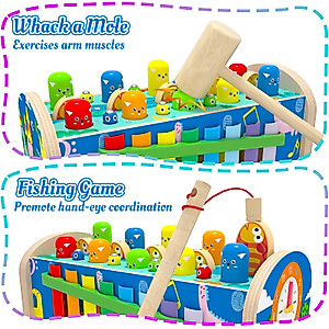 8 in 1 Wooden Montessori Toys for 1 2 3 4 Year Old Boys Girls Whack a Mole Game Hammering and Pounding Toys with Xylophone Fishing Game Toddlers Educational Developmental Learning Toys Gifts