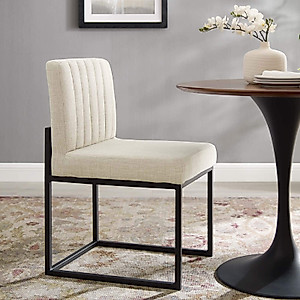 Modway Carriage Channel Tufted Sled Base Upholstered Fabric Dining Chair, Black Beige