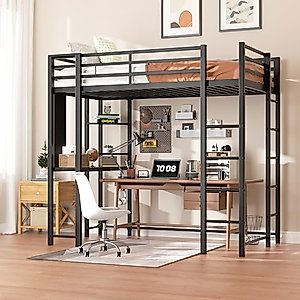 Shintenchi Loft Bed Twin Size with Desk and Storage Shelves, Twin Bed Frame with 2 Side Ladders for Kids, Teens Adults, Spcace-Saving Noise-Free and Anti-tilt Design, Black