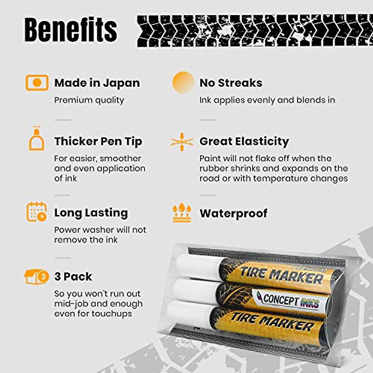 Premium Tire Marker Pens, White Waterproof Paint Markers For Car Tire Lettering, Made In Japan (3 Pack-White)