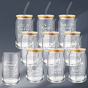 Inbagi 10 Pcs Teacher Appreciation Gift 16 oz Glass Cups Appreciated Quotes Sign Teacher Gifts for Women Men Can Shaped Cup with Bamboo Lid Glass Straw Thank You Gifts