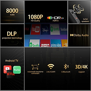 Mini Projector with Android TV,iSinbox DLP Portable Projector,1080P Netflix 3D Support,12000L Projector with Wifi and Bluetooth,Rechargeable Battery,HIFI Speaker,4K Projector for Phone/HDMI/USB