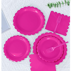 MUNILAIL 96 Pcs Hot Pink Plates and Napkins Party Supplies Serve 24 Guests Including Hot Pink Scalloped Paper Plates and Napkins Plastic Forks for Baby Shower Birthday Party Disposable Dinnerware Set
