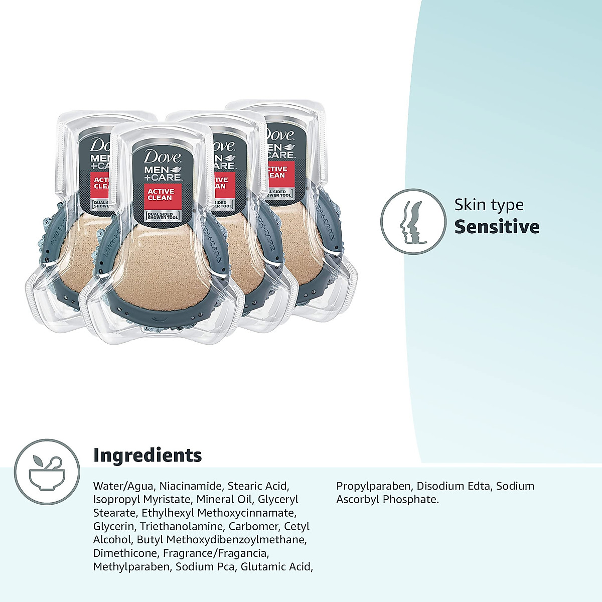 Dove Men+Care Shower Tool For Stronger, Healthy-Feeling Skin Active Clean Scrubs and Exfoliates for a Deeper Clean With Body Wash, 4 Pack