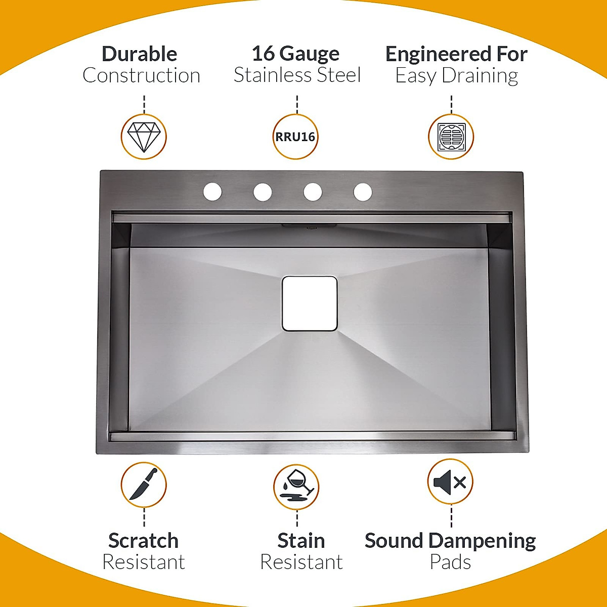 Strictly Sinks 33” Topmount Kitchen Workstation Sink-Black Single Bowl 16 Gauge Stainless Steel Drop In Sink with Wooden Cutting Board, Color Matching Colander & Strainer Square Drain