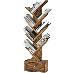 Yzosvki 9 Tier Tree Book Shelf with Drawer, Floor Standing Bookshelf Storage Organizer Bookshelves for Books/CDs, 9 Shelf Narrow Bookcase for Sturdy Room, Bedroom, Living Room, Rustic Brown