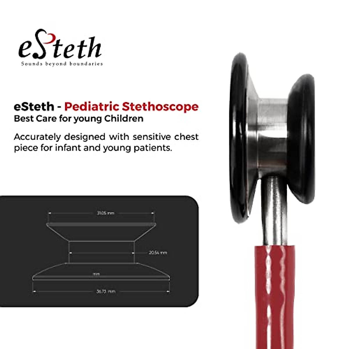 eSteth Pediatric Stethoscope - Ultra Sensitive Dual-Head Chest Piece for Monitoring Amplified Heart, Lung Sounds - Flexible Stethoscope Tubing - Extra Ear Tips & Non-Chill Ring - 32" Long, Cherry Red