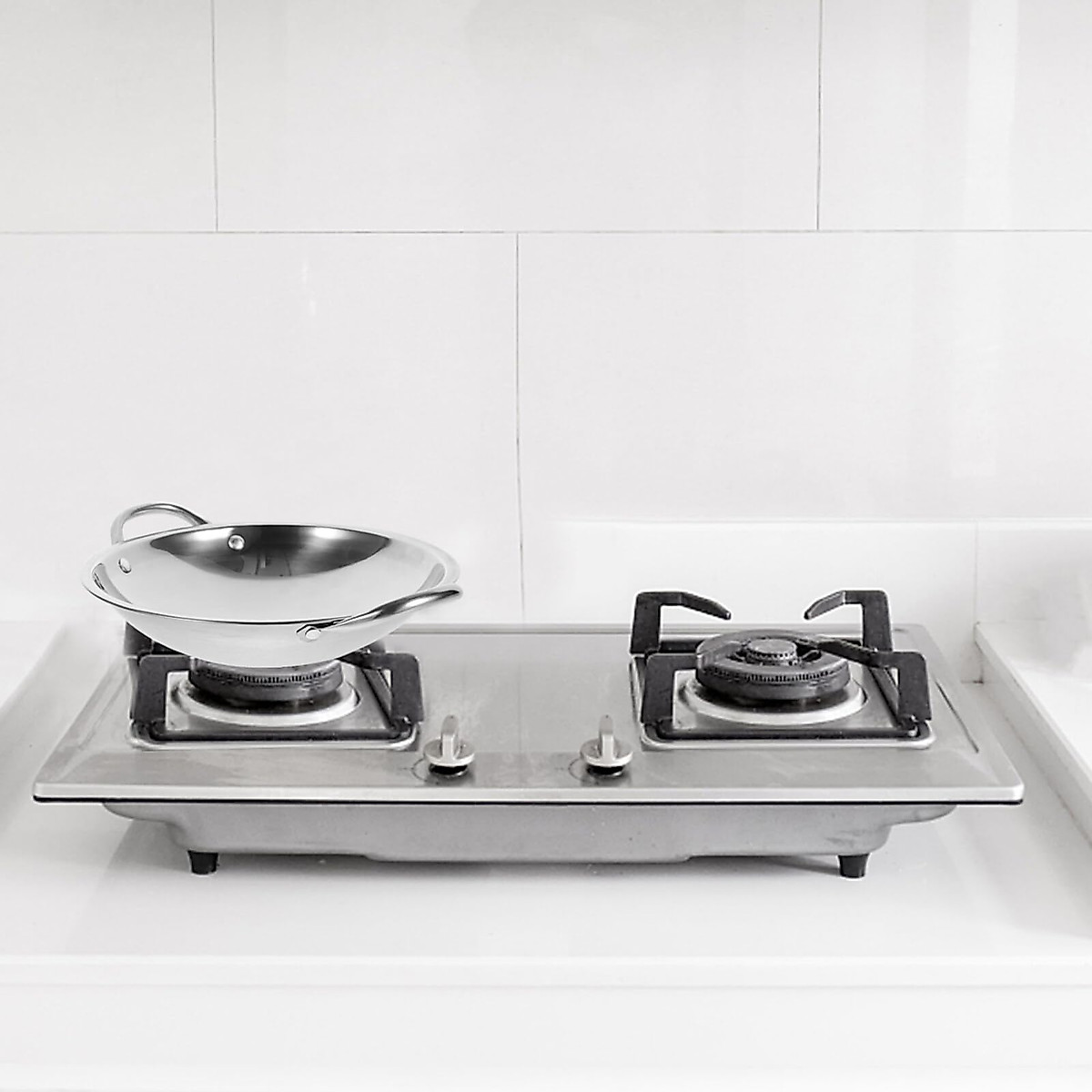 Zerodeko Paella Pan Stainless Steel Pow Wok Stir Fry Pans with Dual Handle Shabu Hot Pot Traditional Binaural Wok Japanese Cookware for Induction Cooktop Electric Gas 24CM