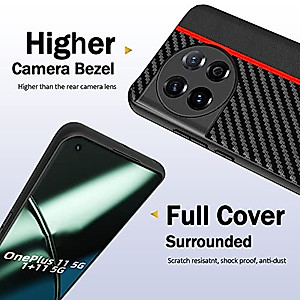 Miimall Compatible for One Plus 11 5G Leather Case, with Carbon Fiber Pattern, Anti-Fingerprint Ultra-Thin Lightweight Shell, Full Coverage Shockproof Cover Case for One Plus 11 5G, 2023(Black&Red)
