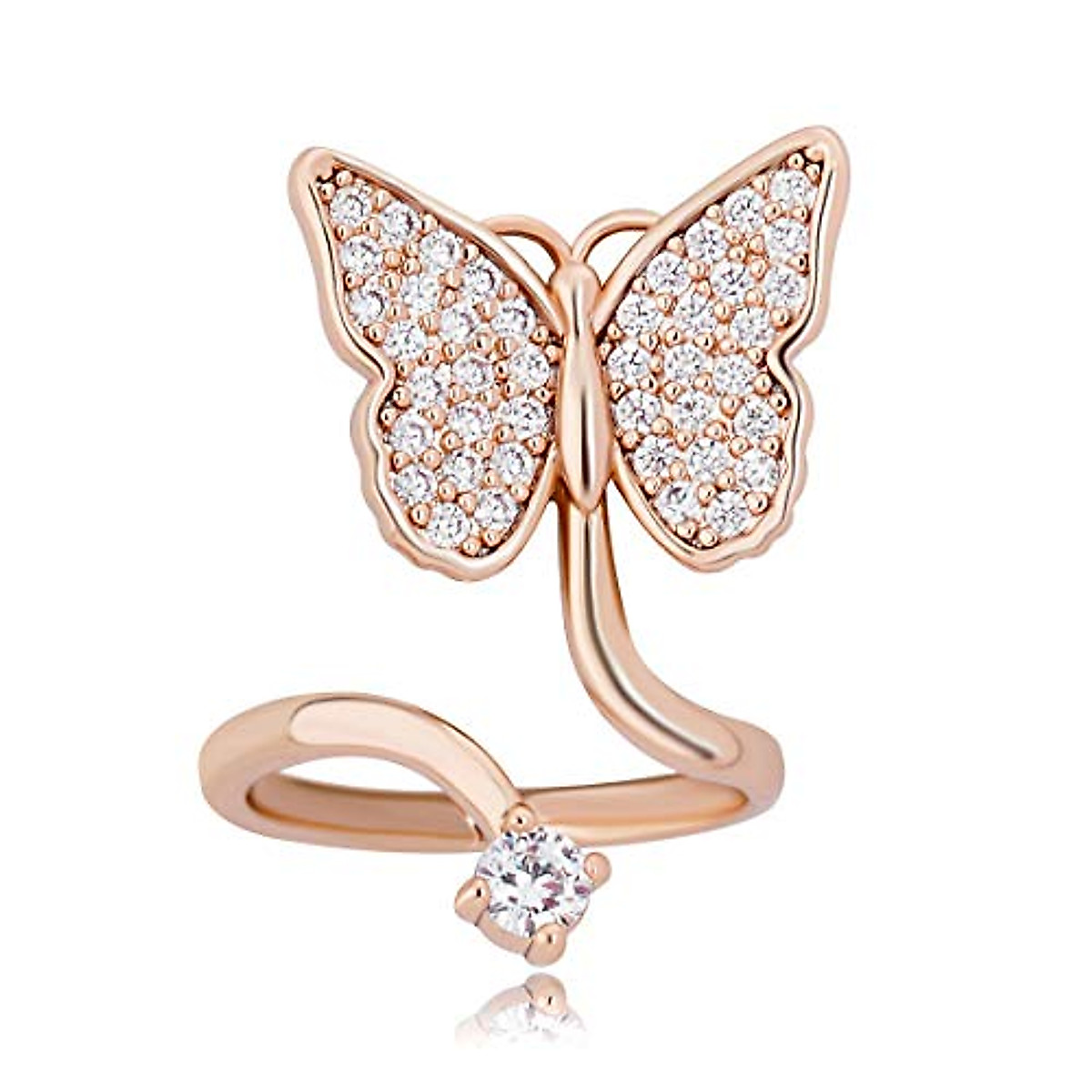 TOPGRILLZ 14K Gold Plated Iced out Butterfly Adjustable Finger Tip Ring for Women Novelty Fashion Jewelry (Rose Gold)