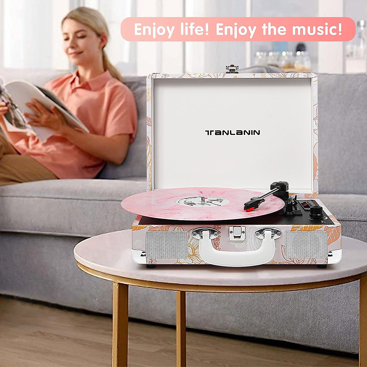Pink Floral Vintage Bluetooth Record Player - USB & Portable