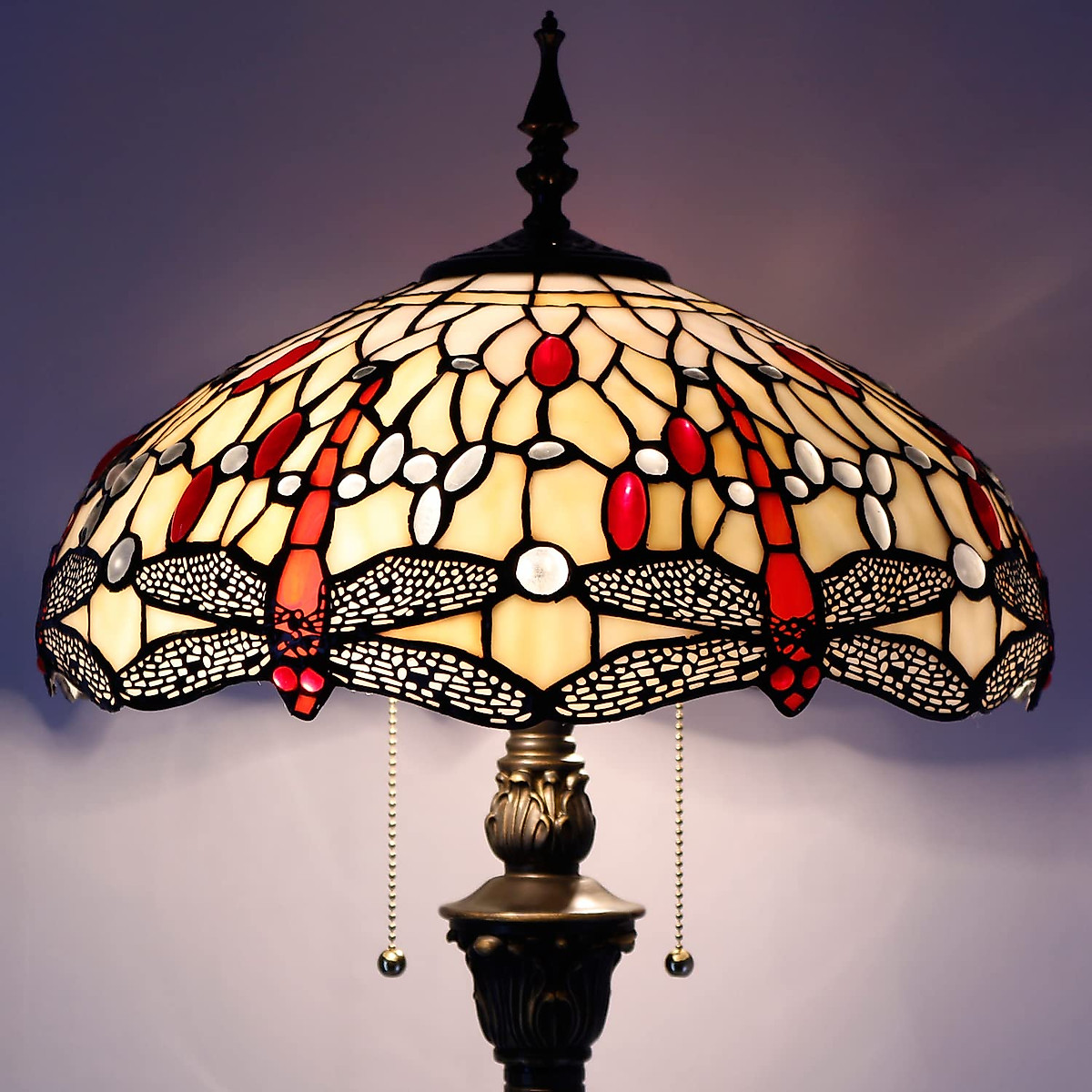 WERFACTORY Tiffany Floor Lamp Dragonfly Amber Stained Glass Standing Reading Light 16X16X64 Inches Antique Pole Corner Lamp Decor Bedroom Living Room Home Office S557 Series