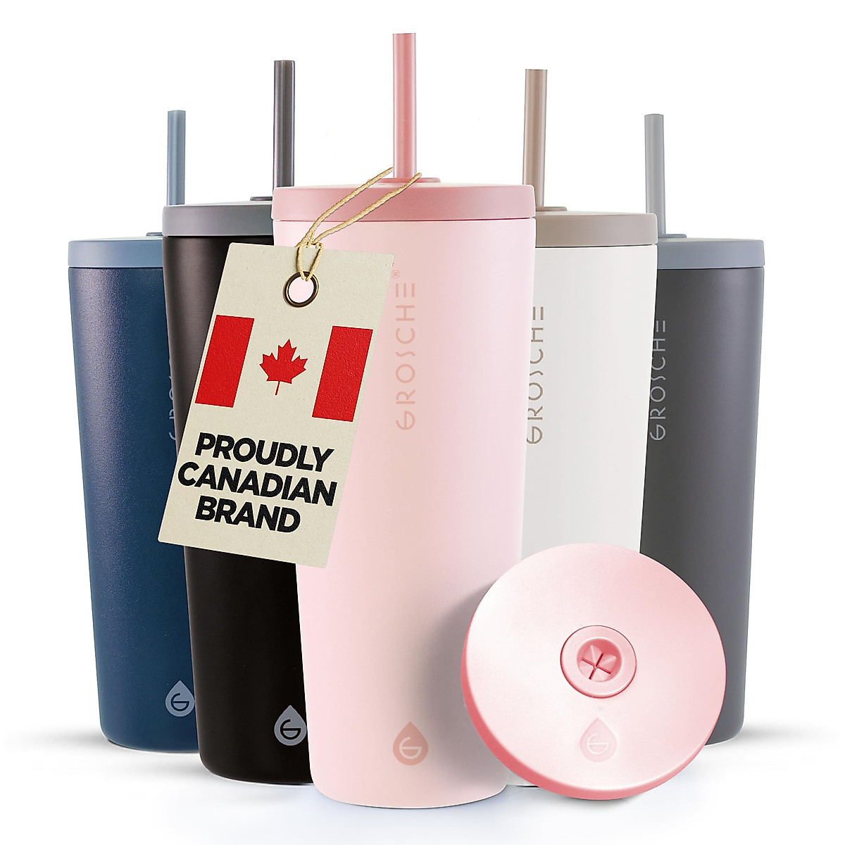 GROSCHE Jasper 23oz Tumbler with straw. Extreme Insulation, Classy Design, Built to Last, Insulated Stainless Steel Tumbler with Lid and Straw - Pink