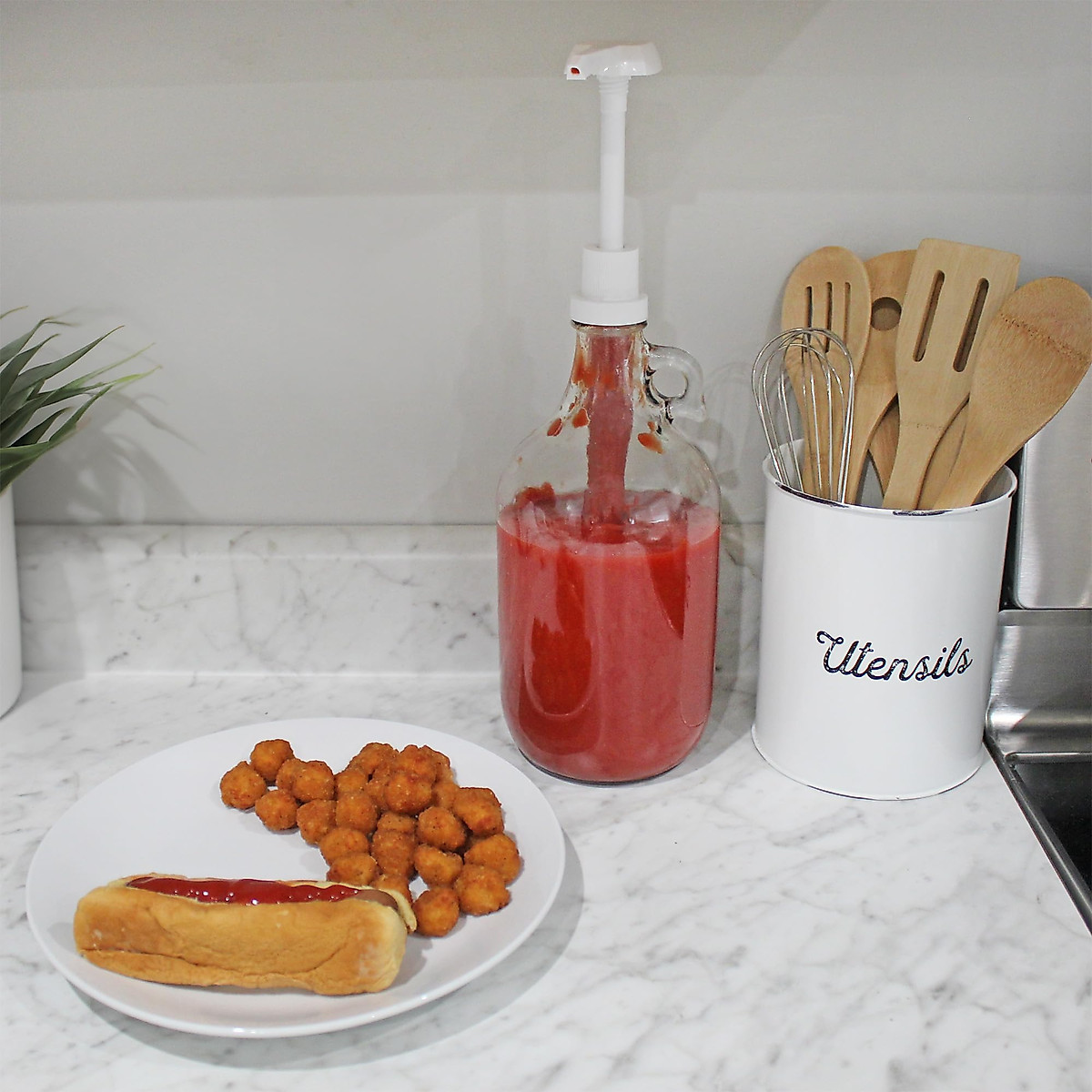 Cornucopia Half Gallon Glass Pump Dispenser Bottle, 64-Ounce Jug with Pump for Sauces, Syrups, Soaps and More