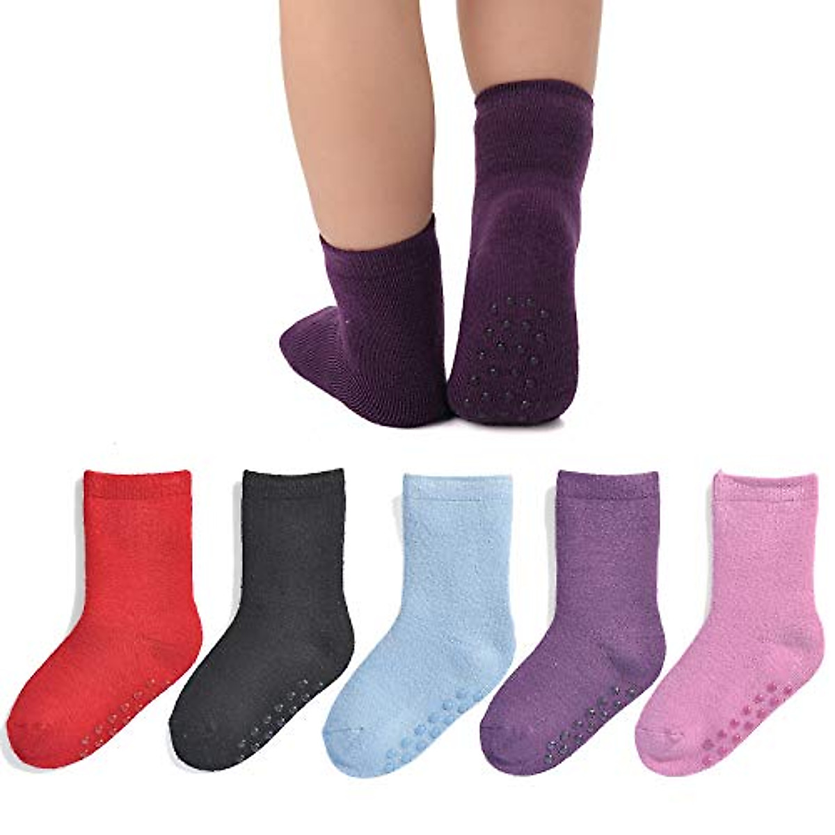 EPEIUS Baby Thermal Socks Toddler Girls Soft Thick Warm Crew Socks with Grip Brushing Inside Non-skid/slip Socks 5 Pair Pack,Black/Blue/Red/Purple/Violet,2-4 Years