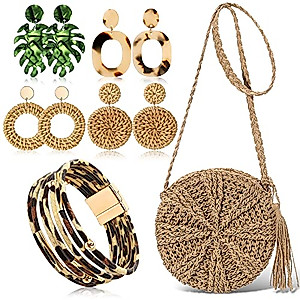 Beach Purse Earrings Set Straw Shoulder Bag Vacation Beach Purse with 4 Rattan Boho Tropical Earrings Leopard Bracelet Kit (Dark Color Round)