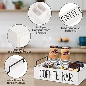 Pitmoly Coffee Station Organizer, Wooden Coffee Bar Accessories Organizer for Countertop, Farmhouse K Cup Coffee Pod Holder with Handle, Rustic Retro Storage Bin for Coffee Tea Bag (White)