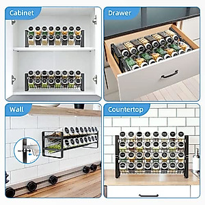 JONYJ Spice Rack Organizer with 32 Empty Square Spice Jars, 396 Spice Labels, Chalk Marker and Funnel Complete Set for Cabinet, Countertop or Wall Mount - 4 Tier