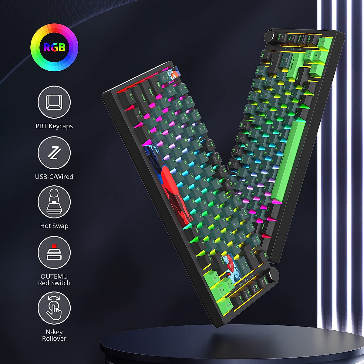 Fogruaden Wired 75% Percent Mechanical Keyboard Hot Swappable, Red Switch, RGB Backlit, 82 Keys TKL Mechanical Keyboard, NKRO Compact Gaming Keyboard, Volume Control Knob (Soundwave)