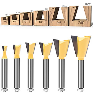 KOWOOD Dovetail Router Bit Set 6 Sizes with 1/4 Inch Shank ,Cutting Dia in 1/4" 3/8" 1/2" 5/8" 3/4" 7/8" Wood Milling Cutter Tool for Making Boxes Drawers Chests,Great for Craftsman Woodworking
