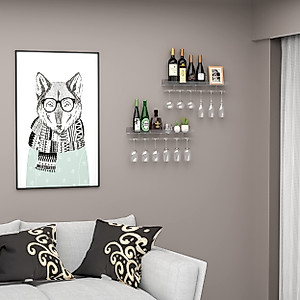 Hexsonhoma 24'' Clear Wine Glass Holder Wall Mounted 2 Pack, Acrylic Wall Bar Shelf with Removable Glasses Holder, Floating Bar Shelves for Wine Bottles, Liquor Bottles, Glasses