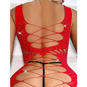 RSLOVE Womens Lingerie Fishnet Mesh Chemise Babydoll Bodysuit Rhinestone Studded Cut-Out Dress One Size Red