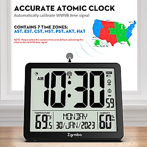 Zgrmbo Night Light Atomic Clock, Battery Operated Digital Clock, Alarm Clock for Bedrooms, Desk Clock with Indoor Temp, Humidity, Date, Accurate Atomic Clock(7 Time Zone) for Bedroom, Travel