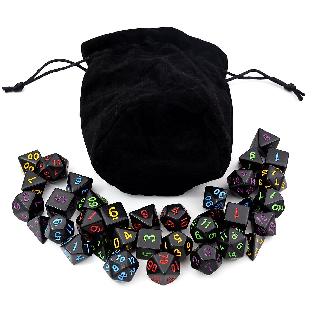 5 Sets New Black Polyhedral Dice with Satin-Lined Velvet Bag for Dungeons and Dragons DND RPG MTG D20 D12 D10 D8 D6 D4