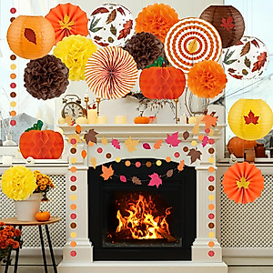 Fall Thanksgiving Party Decorations Supplies, Autumn Maple Leaves Garland Hanging Paper Lanterns Tissue Pumpkin Honeycombs Fans Pom Poms Flowers for Birthday Baby Shower Home Decor Indoor Outdoor