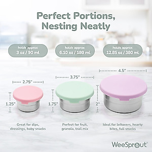WeeSprout 18/8 Stainless Steel Food Storage Containers - Set of 3 Metal Food Storage Containers (150 ml, 200 ml, 400 ml), Leakproof Silicone Lids, Easy to Open, Durable, for Snacks, Lunches, Sauces