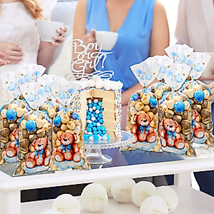 Maitys 100 Pieces Bear Baby Shower Treats Cellophane Bags Plastic Goodie Candy Bags with 100 Gold Twist Ties Gift Bags for Gender Reveal Birthday Party Favors (Blue,Sweet Style)
