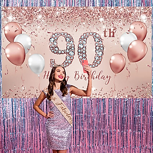 Trgowaul 90th Birthday Decorations Party Set for Women, Rose Gold 90 Birthday Banner and Tablecloth, 90 & Fabulous Sash and Tiara, 1PC Happy 90th Birthday Cake Topper, Pink Gold 90 Number Balloons