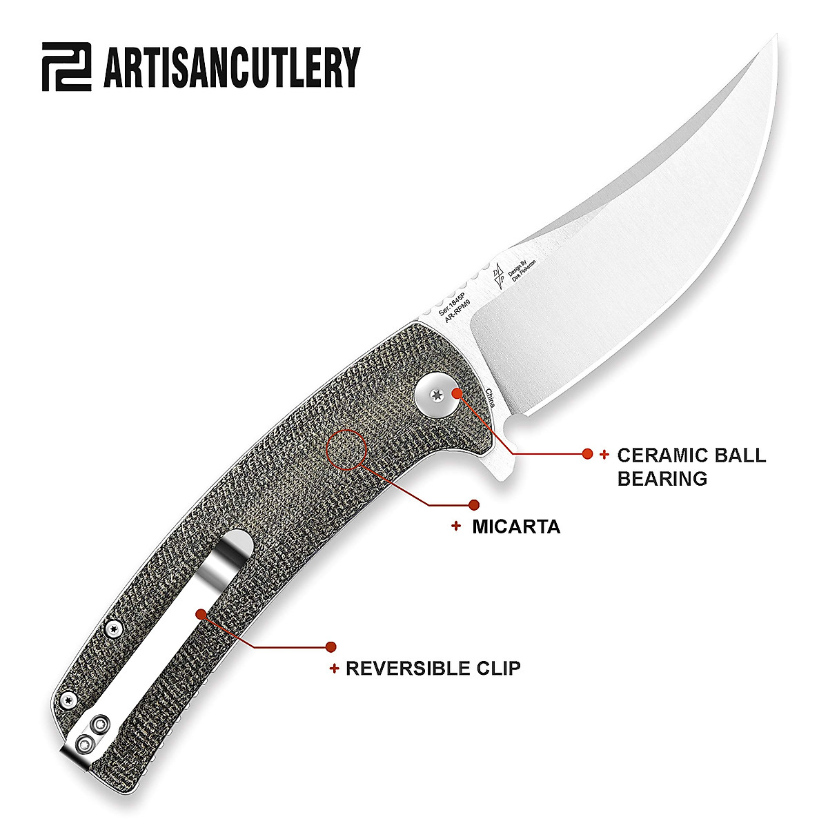 ARTISANCUTLERY Folding Knife Arroyo (ATZ-1845) AR-RPM9 Powder Steel Balde Micarta Tactical Handle Pocket Folding Knife EDC OD Green Micarta