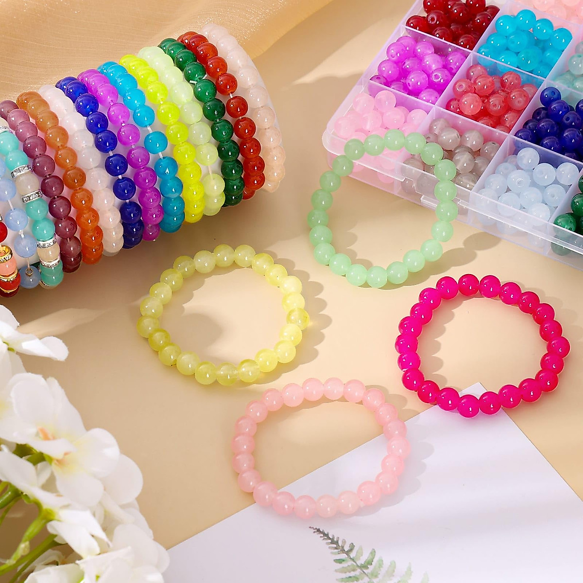 720pcs 8mm Glass Beads for Jewelry Making, 24 Colors Glass Beads for Bracelet Making, Beaded Bracelets Kit for Bracelet Earring Necklace Jewelry Making Supplies