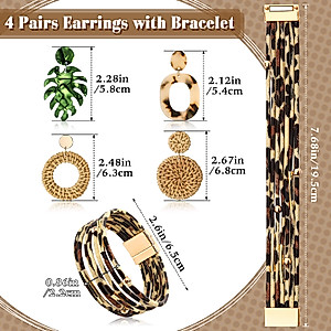 Beach Purse Earrings Set Straw Shoulder Bag Vacation Beach Purse with 4 Rattan Boho Tropical Earrings Leopard Bracelet Kit (Semicircular)
