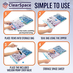 ClearSpace Vacuum Storage Bags, Space Saver Bags – 10 Jumbo Vacuum Seal Bags for Clothing, Blanket Storage, Clothes Storage – Vacuum Sealer Bags, Storage Bags or Travel Bags, Hand Pump Included