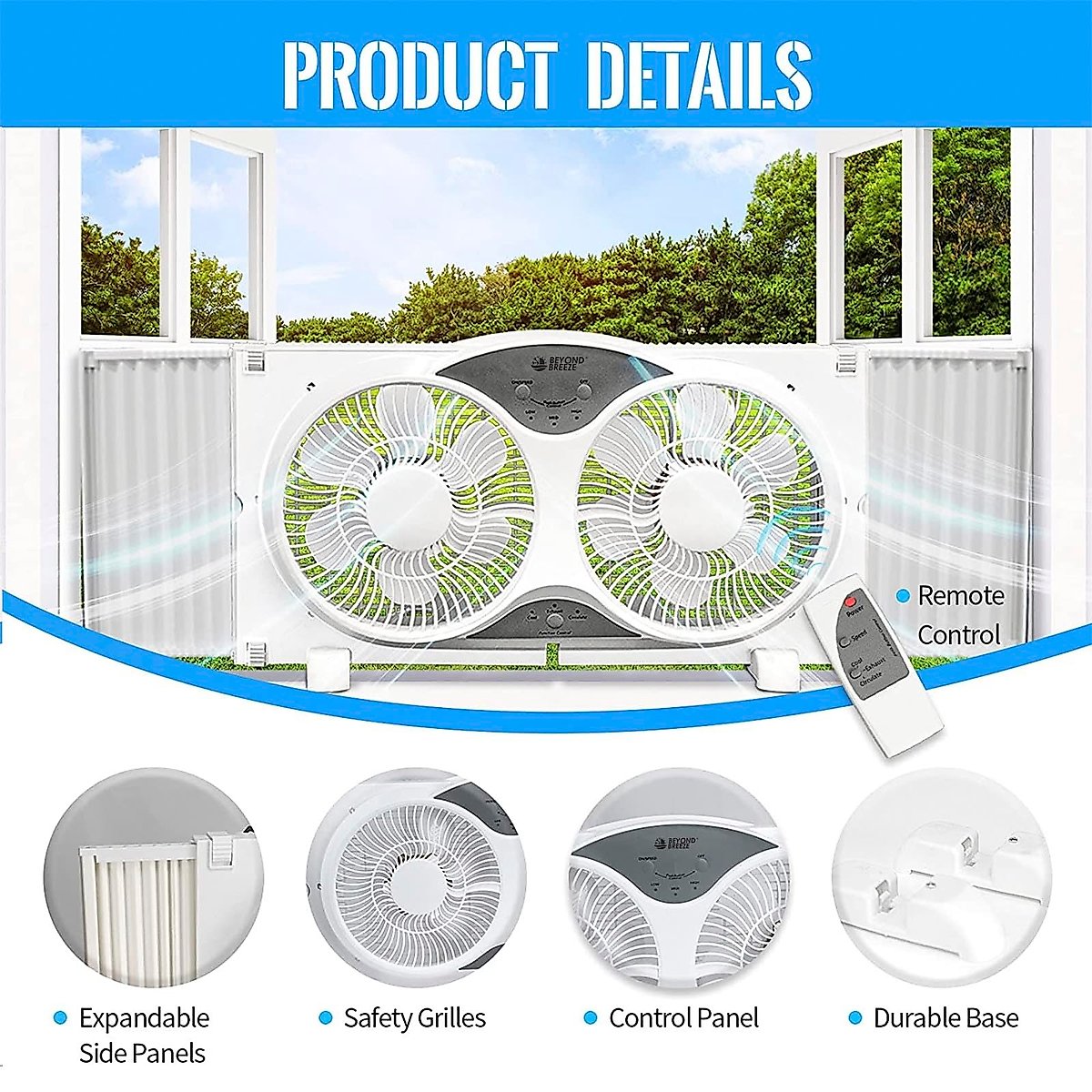 BEYOND BREEZE 9" Twin Window Fan 2-Speed Reversible Airflow Blades, Expandable, Manual Controls (Min. 22.4" Max. 34.3")