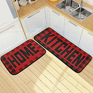 Buffalo Plaid Checked Black Red Kitchen Mat Set of 2 Anti-Fatigue Kitchen Rug Set Washable Non Slip Cushioned Foam Kitchen Runner Rugs and Mats Comfort Standing Mat for Floor Laundry Home Decor