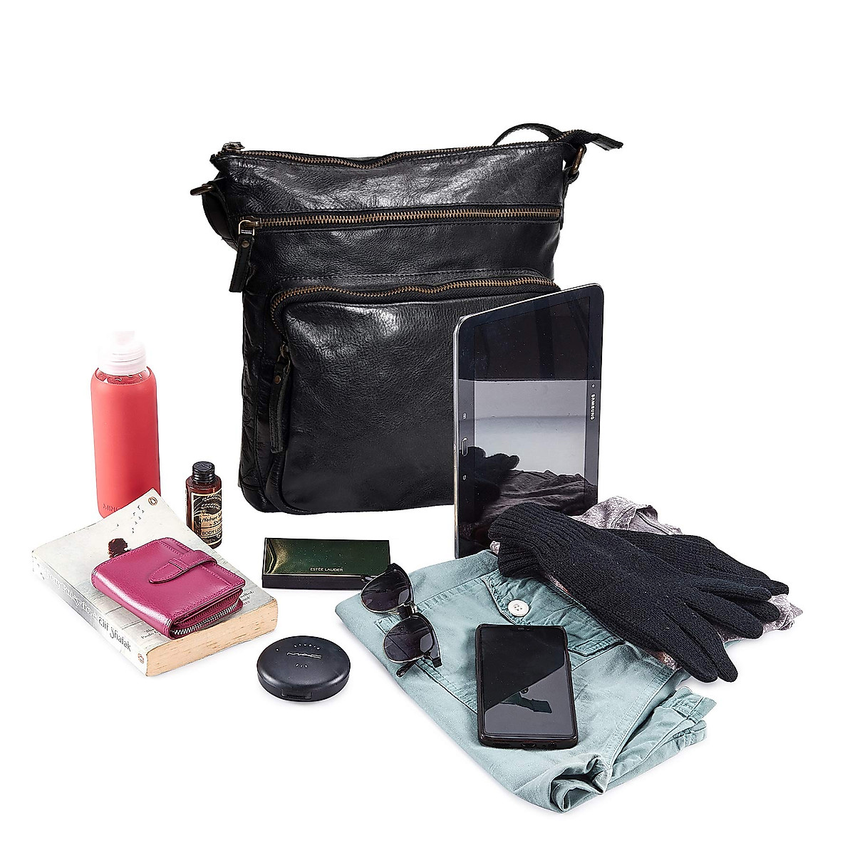 Wise Owl Accessories Real Leather Crossbody Handbags & Purses for Women Set of 2 (Cognac and Black Vintage)