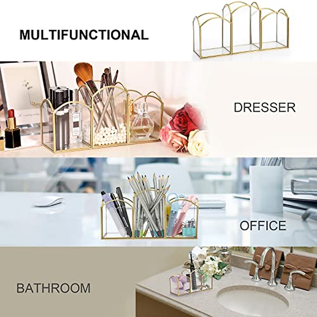 ELLDOO 3 Slots Glass Makeup Brush Holder Organizer for Vanity Dresser, Semicircle Rim Design, Pen Cup Holder Pencil Holder for Office Desk