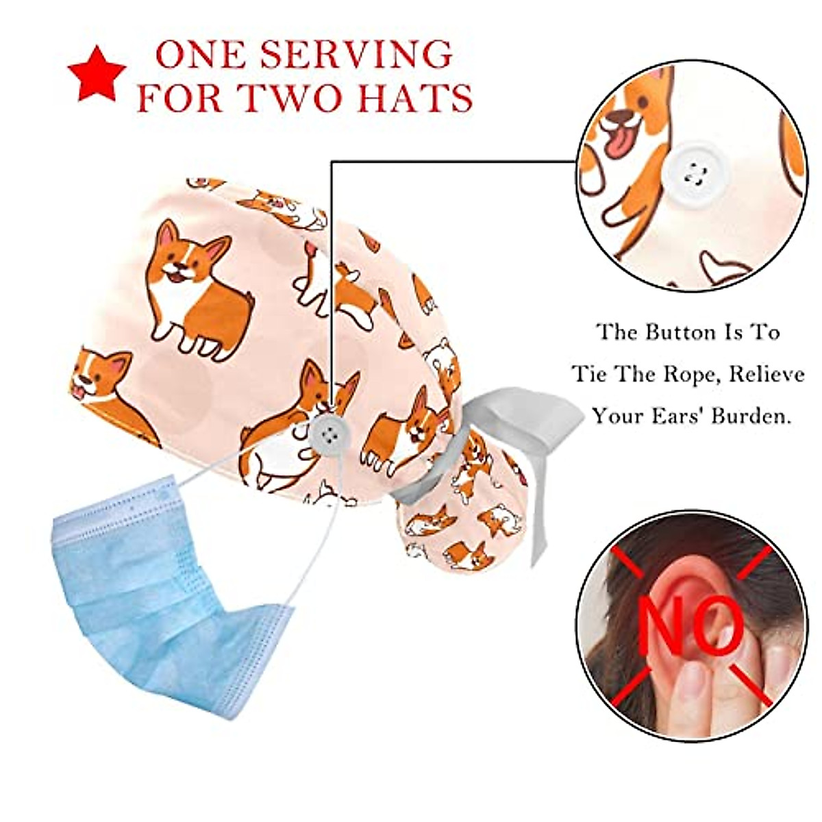 Pink Corgis Dog Scrub Hats for Women Long Hair, Working Cap with Button & Sweatband, Unisex Tie Back Hats 2 Packs