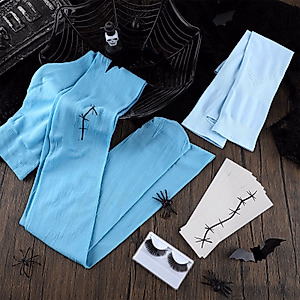 Didaey Costume Accessories Include 20 Sheets Halloween Scars Stitches Tattoos Solid Colored Opaque Footed Tights Arm Compression Sleeves Halloween False Lashes for Women