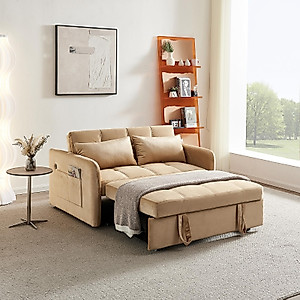 N NOORDENIYA 55'' Velvet Sofa Bed, Pull Out Sleeper Sofa Couch Bed, Loveseat Couch Bed, Futon Sofa Bed with USB Charging Ports, Convertible Sofa Bed for Living Room, Apartment, Bedroom, Khaki