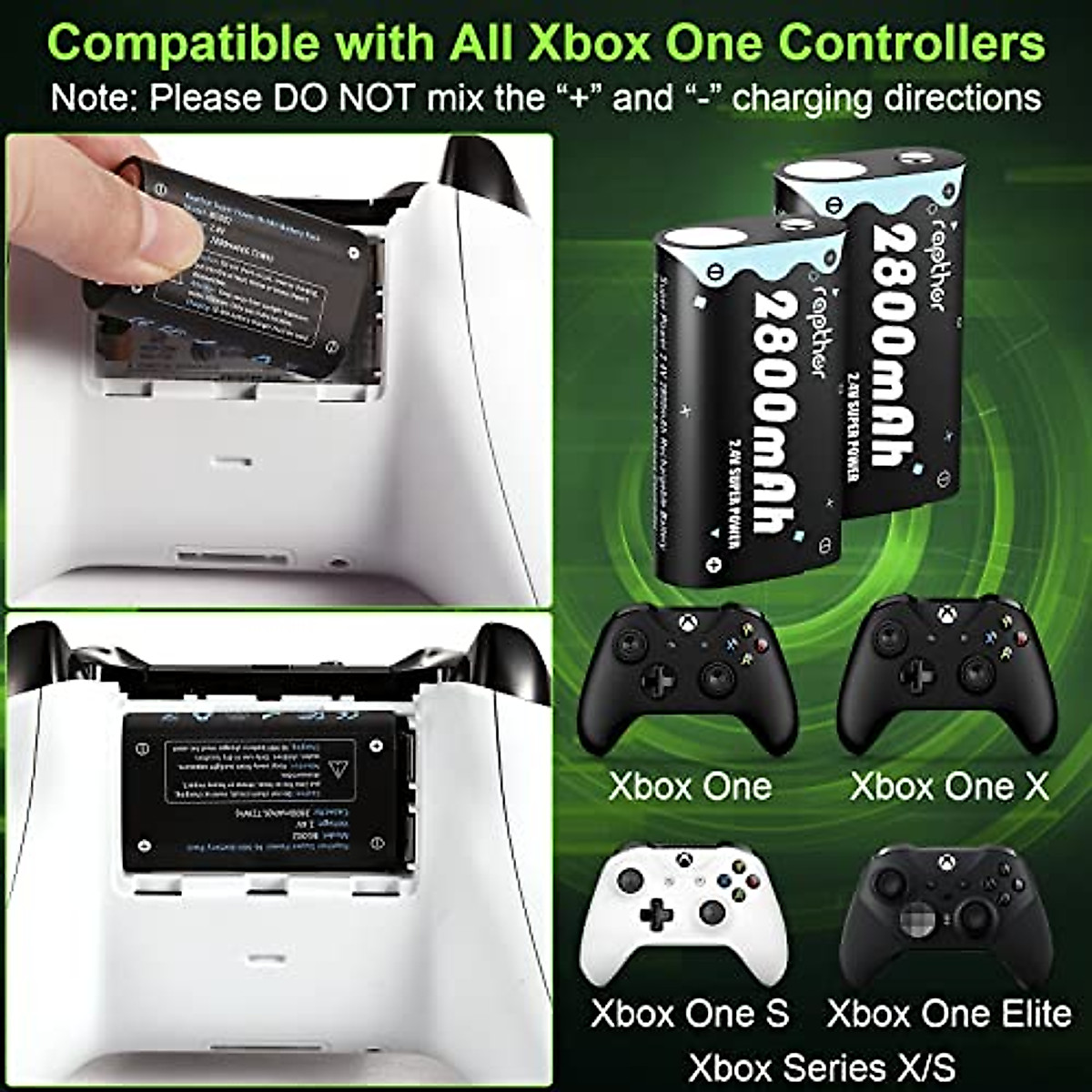Rapthor 2X 2800mAh Replacement Xbox One Controller Battery Pack Rechargeable with Charger for Xbox One/Xbox One X/Xbox One S/Xbox One Elite/Xbox Series X/S Batteries Kit (2 Batteries+1 Charger)