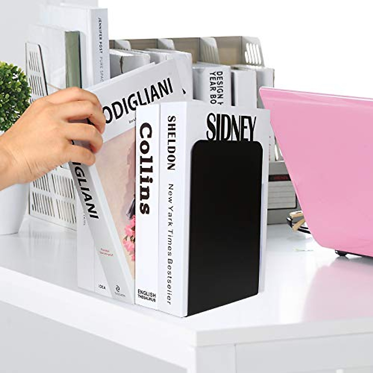 4Pcs Black Metal Bookends, Metal Book Ends to Hold Books, Heavy Duty Bookends for Shelves, 8.0” x 3.9”x 5.3” Bookshelf Holder, Antiskid Book Stoppers for Books, Notebooks Files, Office, Home, Movies