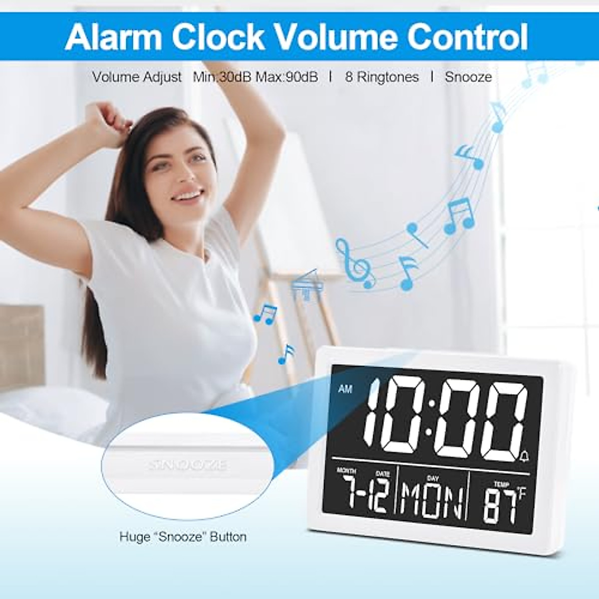 Amgico Digital Alarm Clock with Snooze, Small Clock/Table Clock, 6.3" LED Digital Calendar, 12/24H, Adjustable Brightness/Volume, Desk Clock for Bedroom, Living Room, Office - White