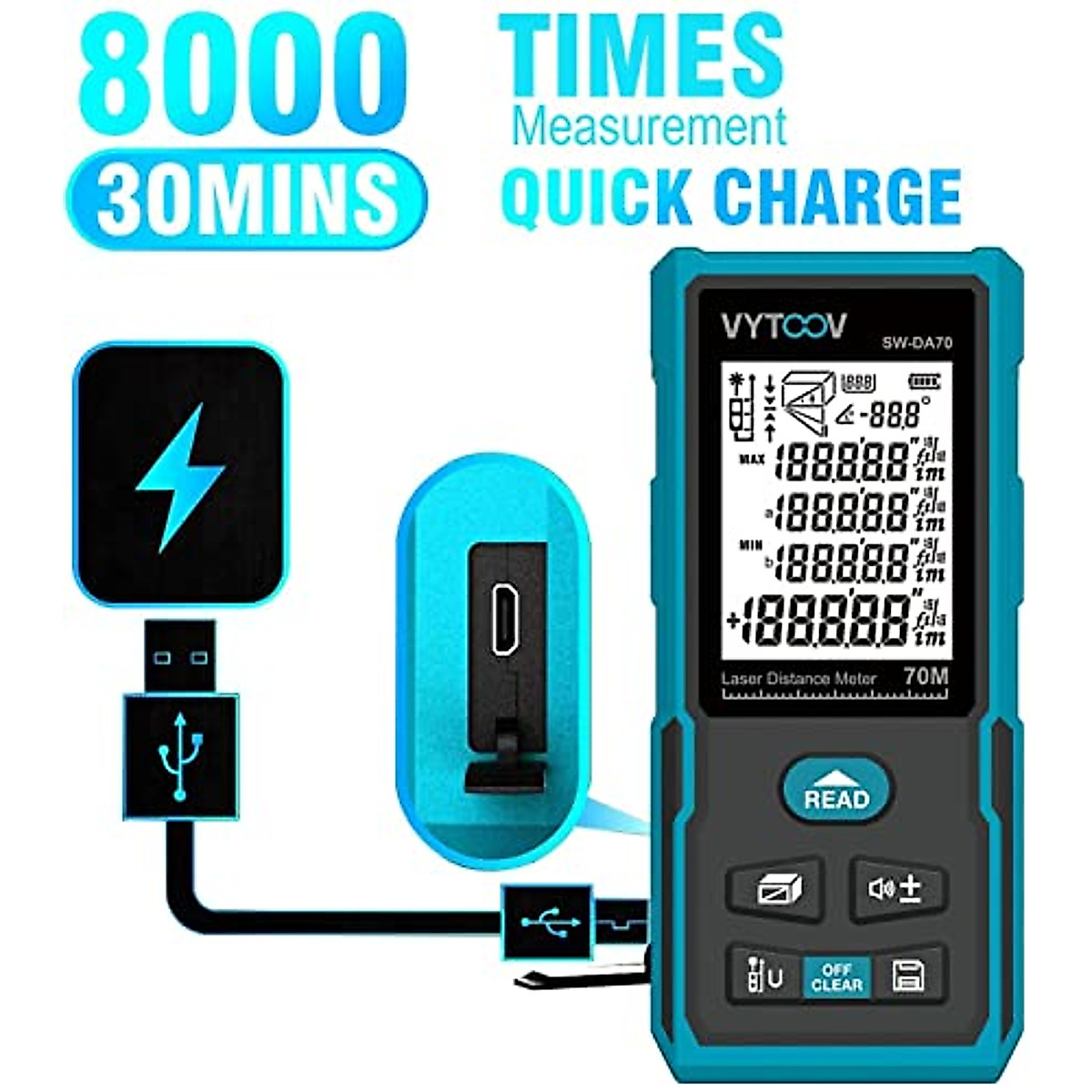 Laser Measurement Tool 229Ft 70M IP54 M/in/Ft/Ft+in Digital Angle Sensor Measure Backlight LCD Laser Distance Meters with Pythagorean Mode Laser Measure Distance Area and Volume - Rechargeable